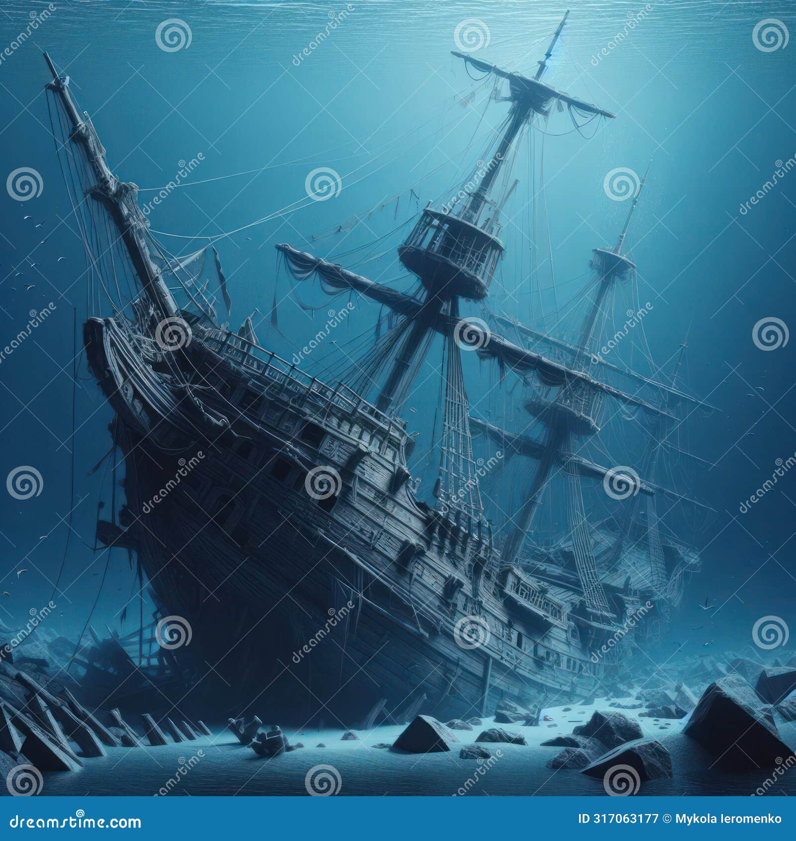 A Sailing Ship Lying at the Bottom of the Sea. Stock Image - Image of ...