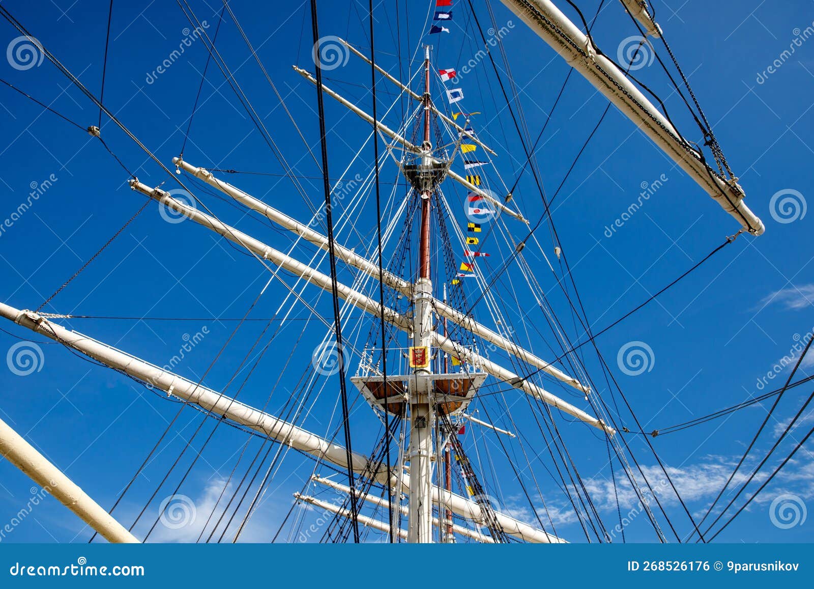 Sailing Ship Mast with Rigging and Cables Against the Sky. Stock Photo ...