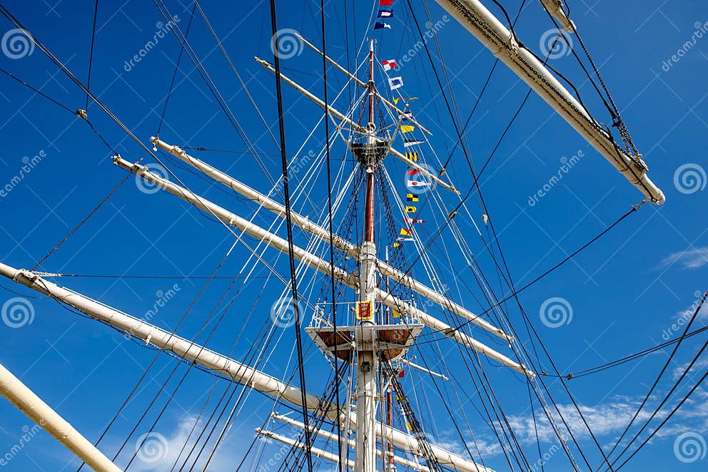 Sailing Ship Mast with Rigging and Cables Against the Sky. Stock Photo ...
