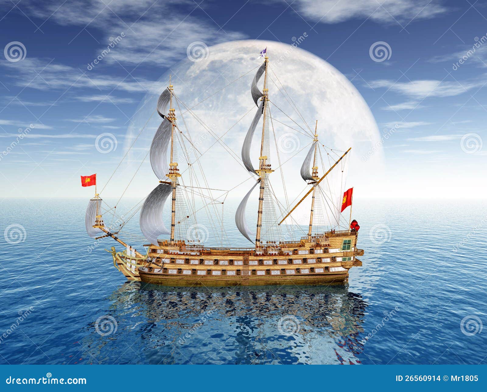 Sailing Ship with Moon Backdrop Stock Illustration - Illustration of ...