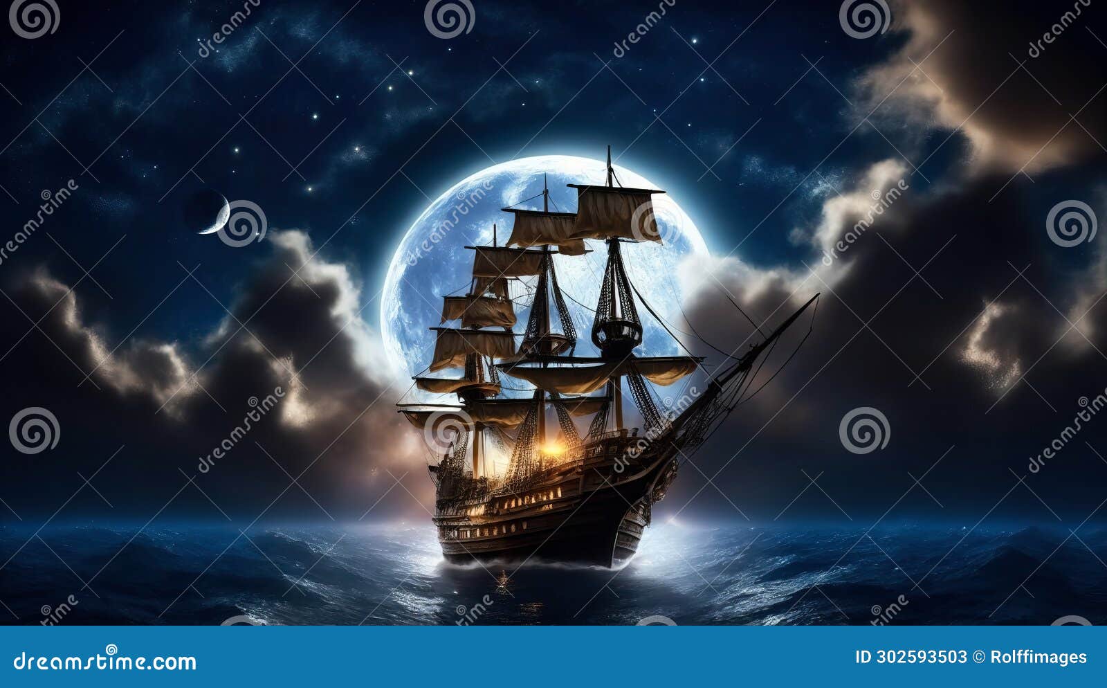 Sailing Ship in the Moonlight Stock Illustration - Illustration of star ...