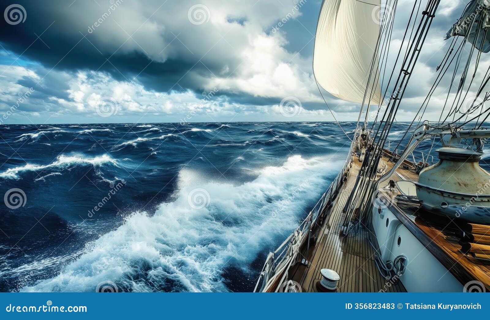 Sailing Ship Navigating Turbulent Ocean Waves, Dramatic Clouds Overhead ...