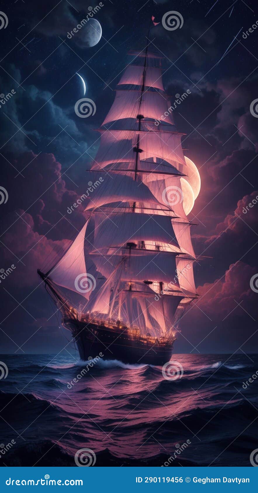 Sailing Ship in the Night, Sailing Boat at the Night, Ship on Sea, Boat ...