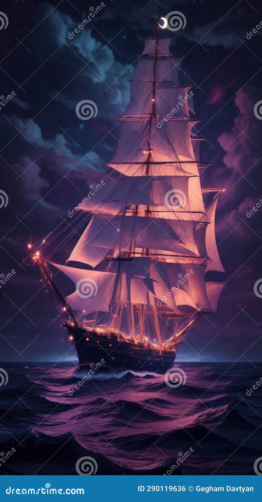 Sailing Ship in the Night, Sailing Boat at the Night, Ship on Sea, Boat ...