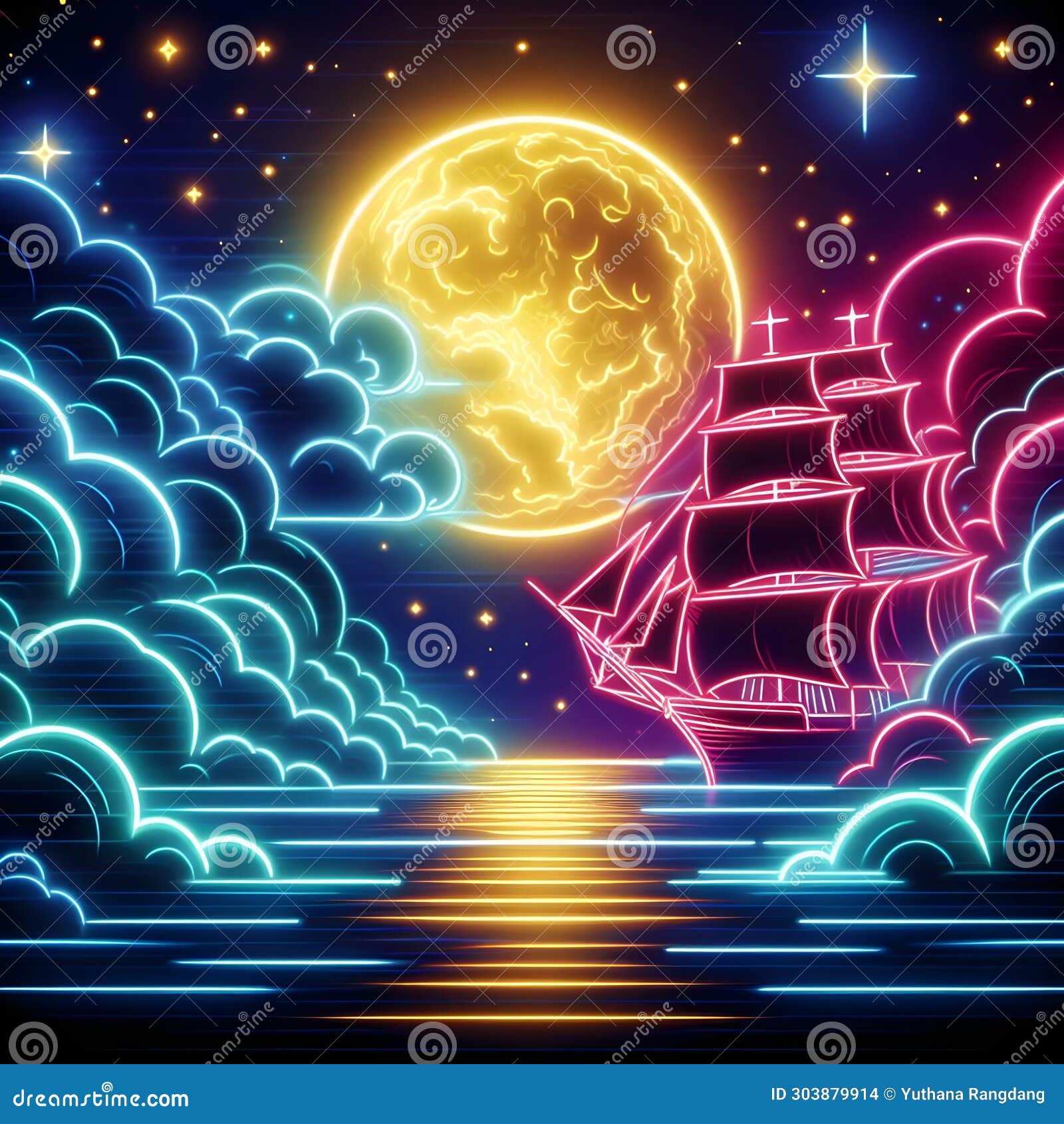 Sailing Ship in the Night Sky with Clouds. Neon Light Art Stock ...