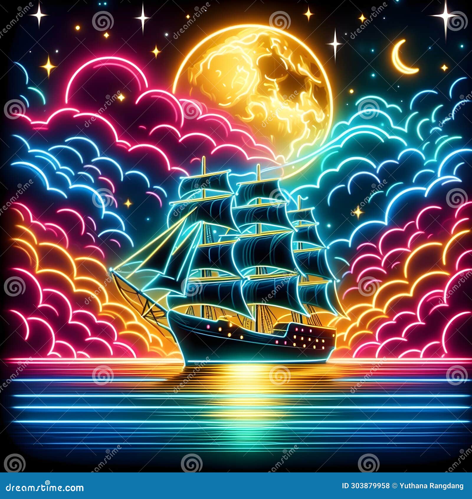 Sailing Ship in the Night Sky with Clouds. Neon Light Art Stock ...