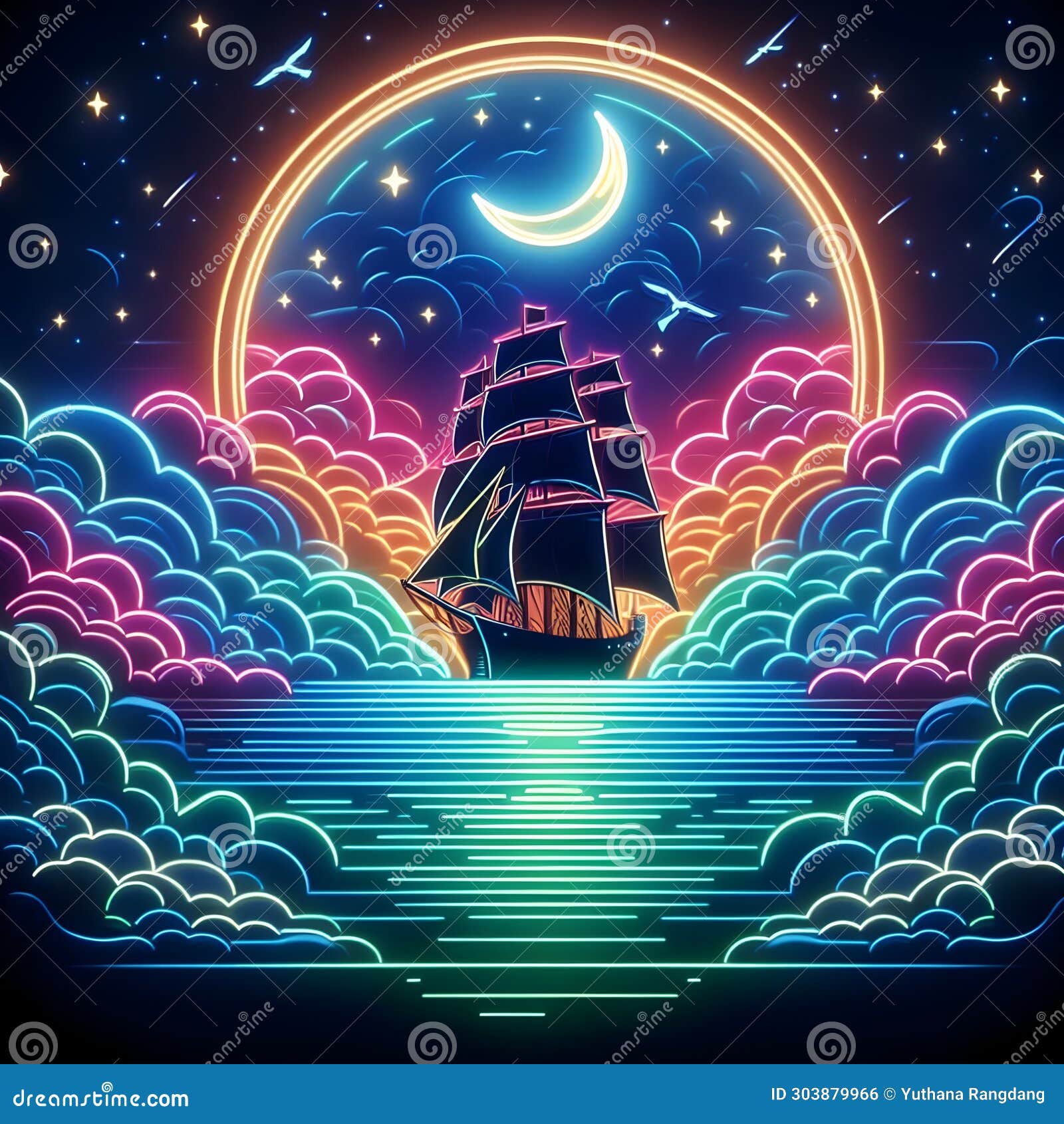 Sailing Ship in the Night Sky with Clouds. Neon Light Art Stock ...
