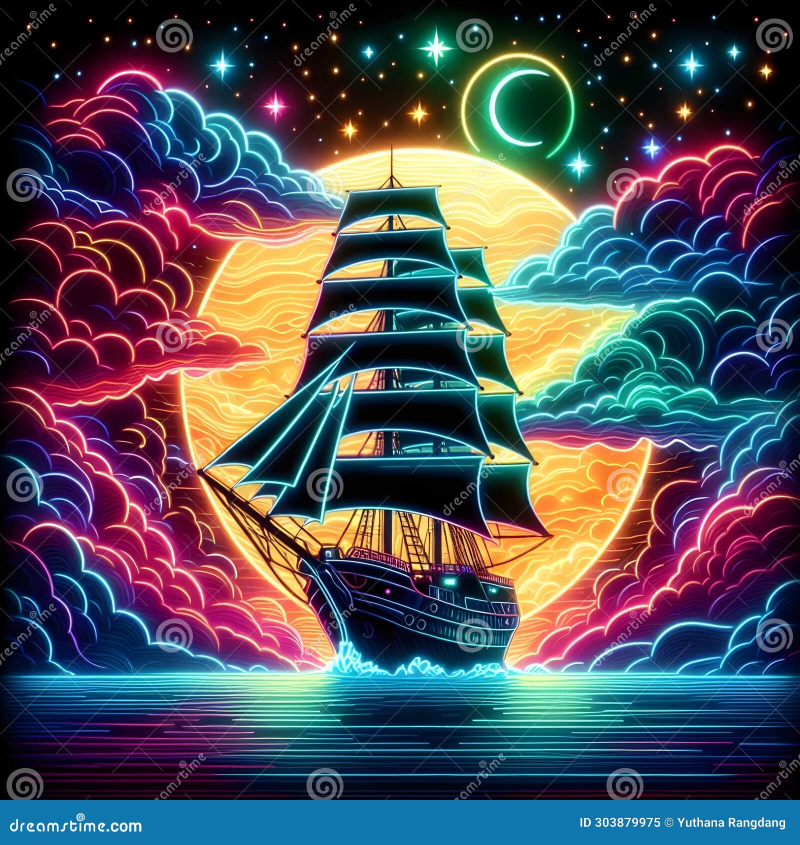 Sailing Ship in the Night Sky with Clouds. Neon Light Art Stock ...