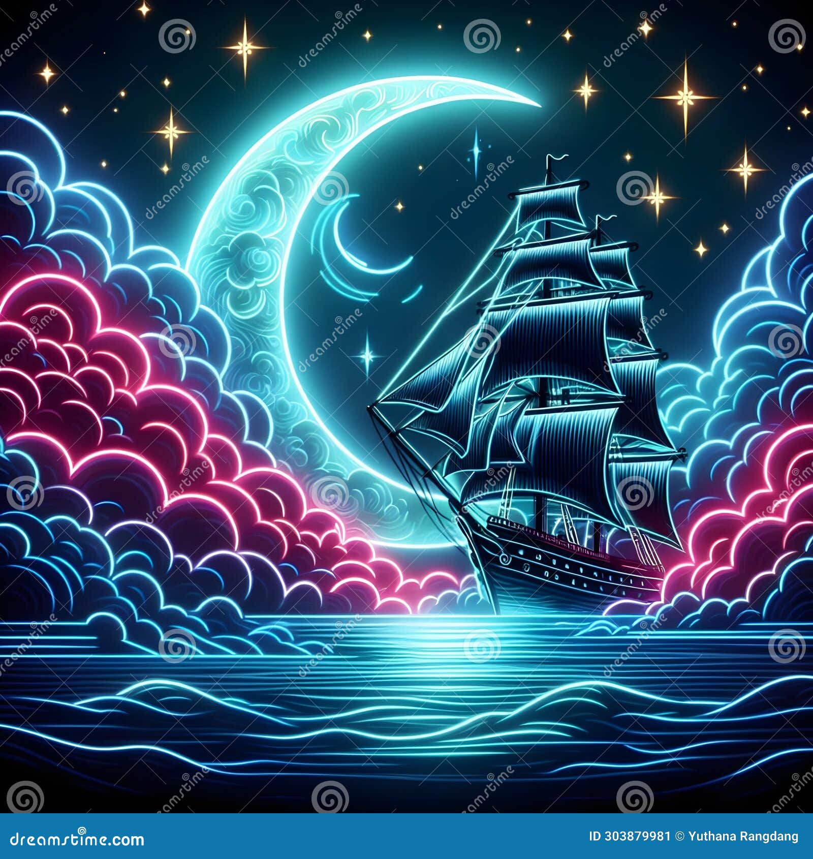 Sailing Ship in the Night Sky with Clouds. Neon Light Art Stock ...