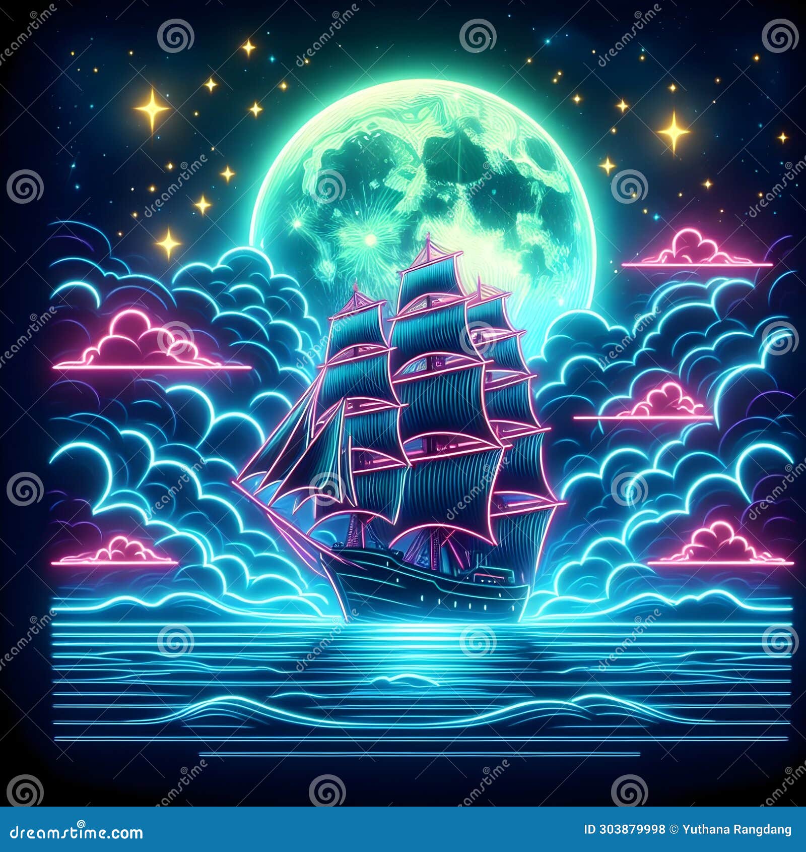 Sailing Ship in the Night Sky with Clouds. Neon Light Art Stock ...