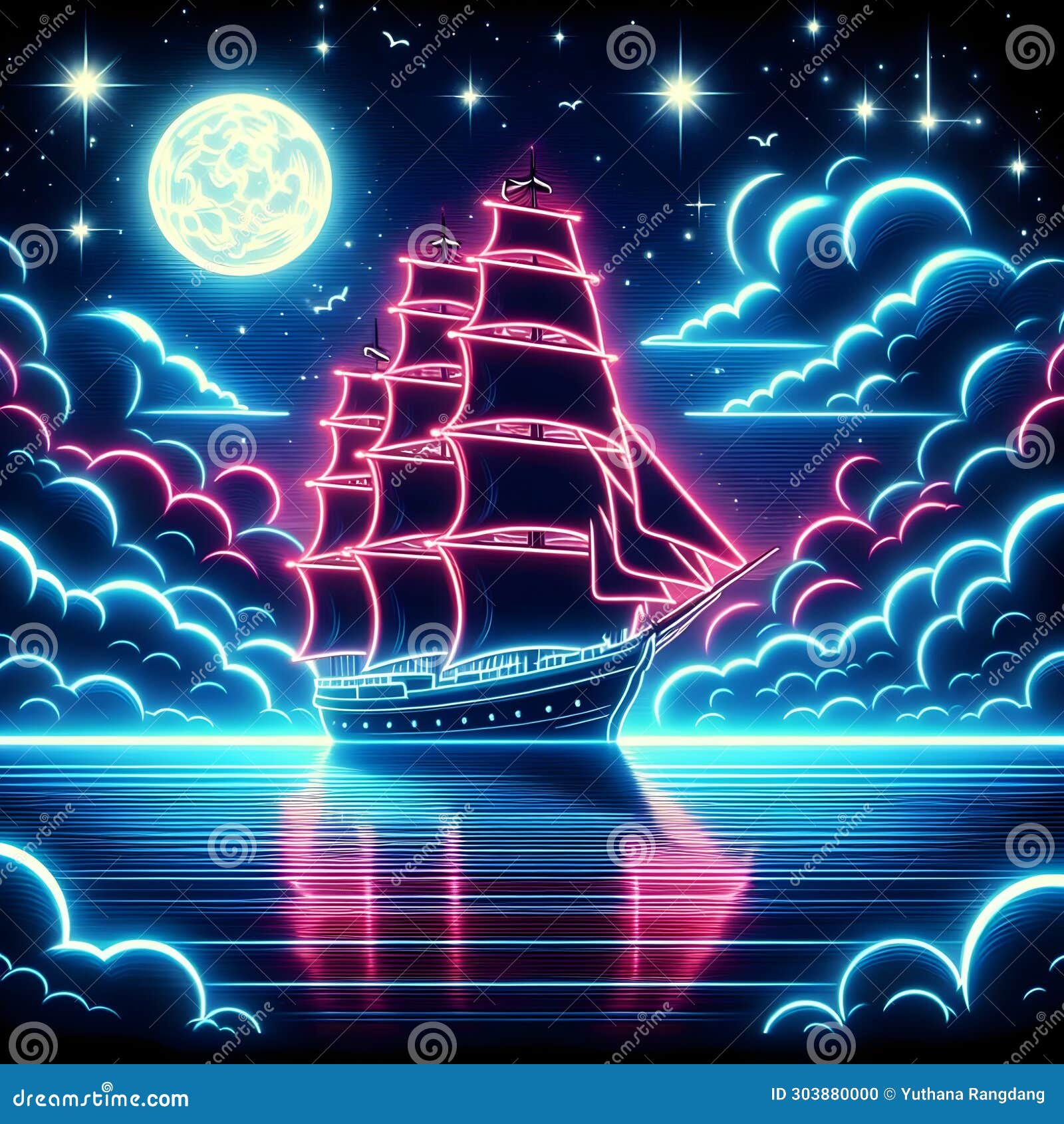 Sailing Ship in the Night Sky with Clouds. Neon Light Art Stock ...