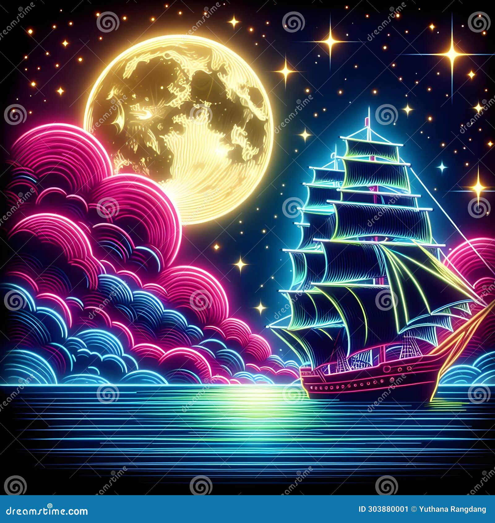 Sailing Ship in the Night Sky with Clouds. Neon Light Art Stock ...