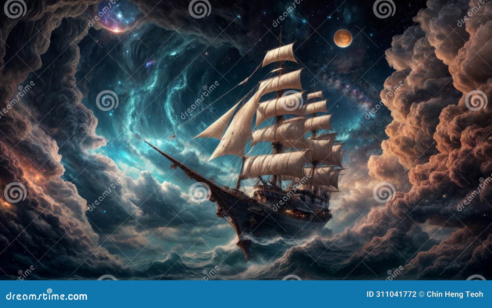 Sailing Ship in the Night Sky with Stars and Clouds Stock Photo - Image ...