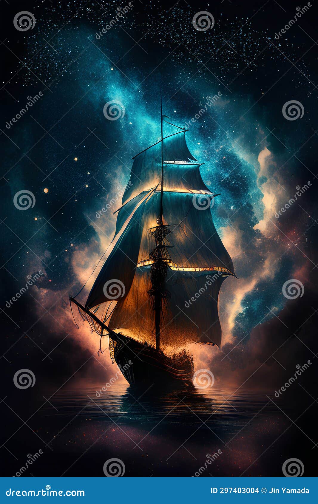 Sailing Ship in the Night Sky with Stars and Nebula. Stock Illustration ...