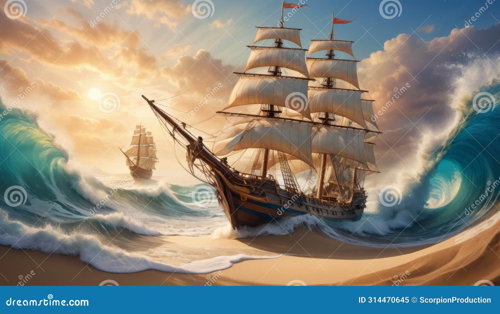 Sailing Ship Riding High Waves at Sunset Stock Image - Image of ...