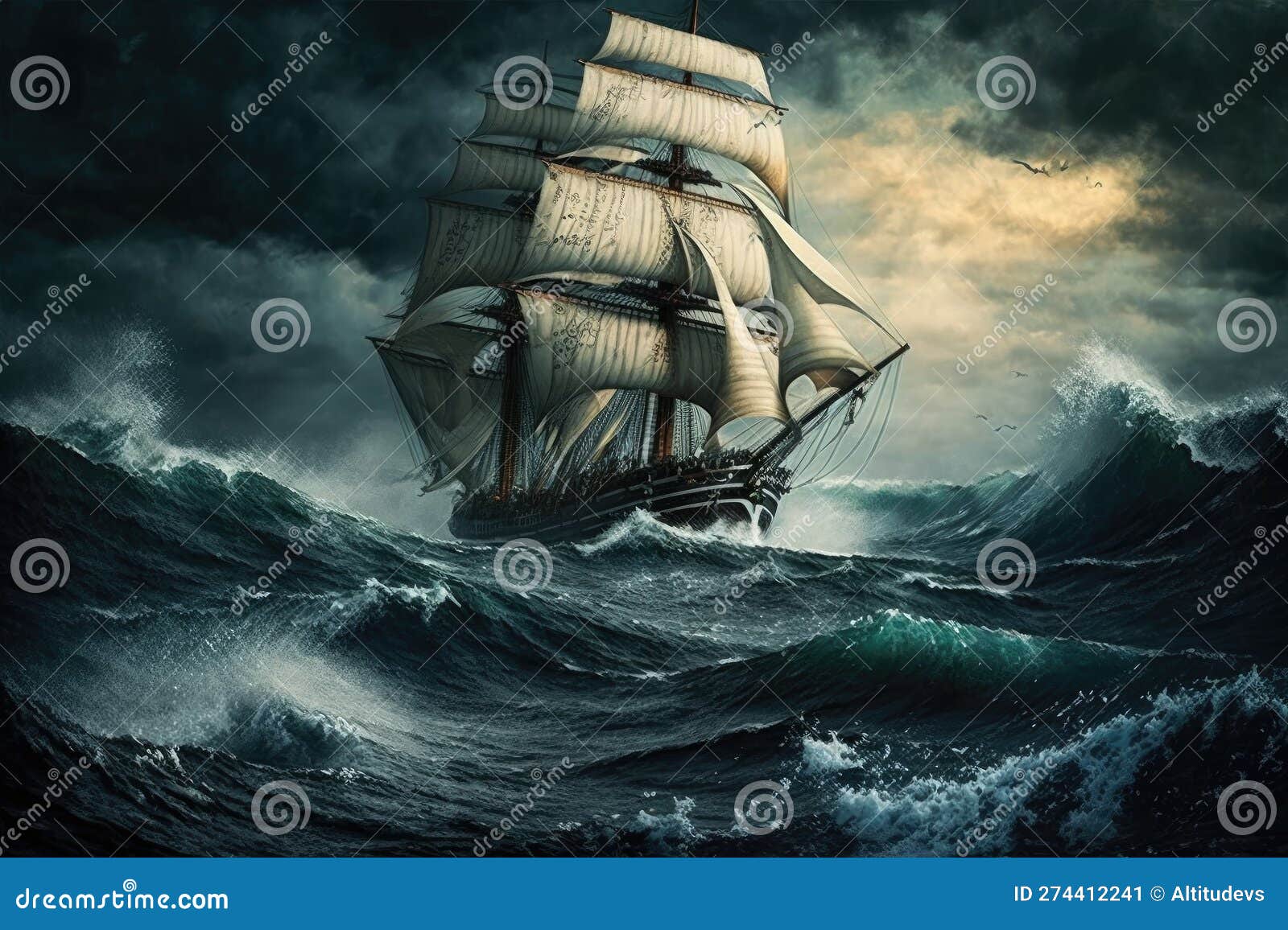 Sailing Ship in Rough Sea with Waves Sailing in a Storm Stock ...