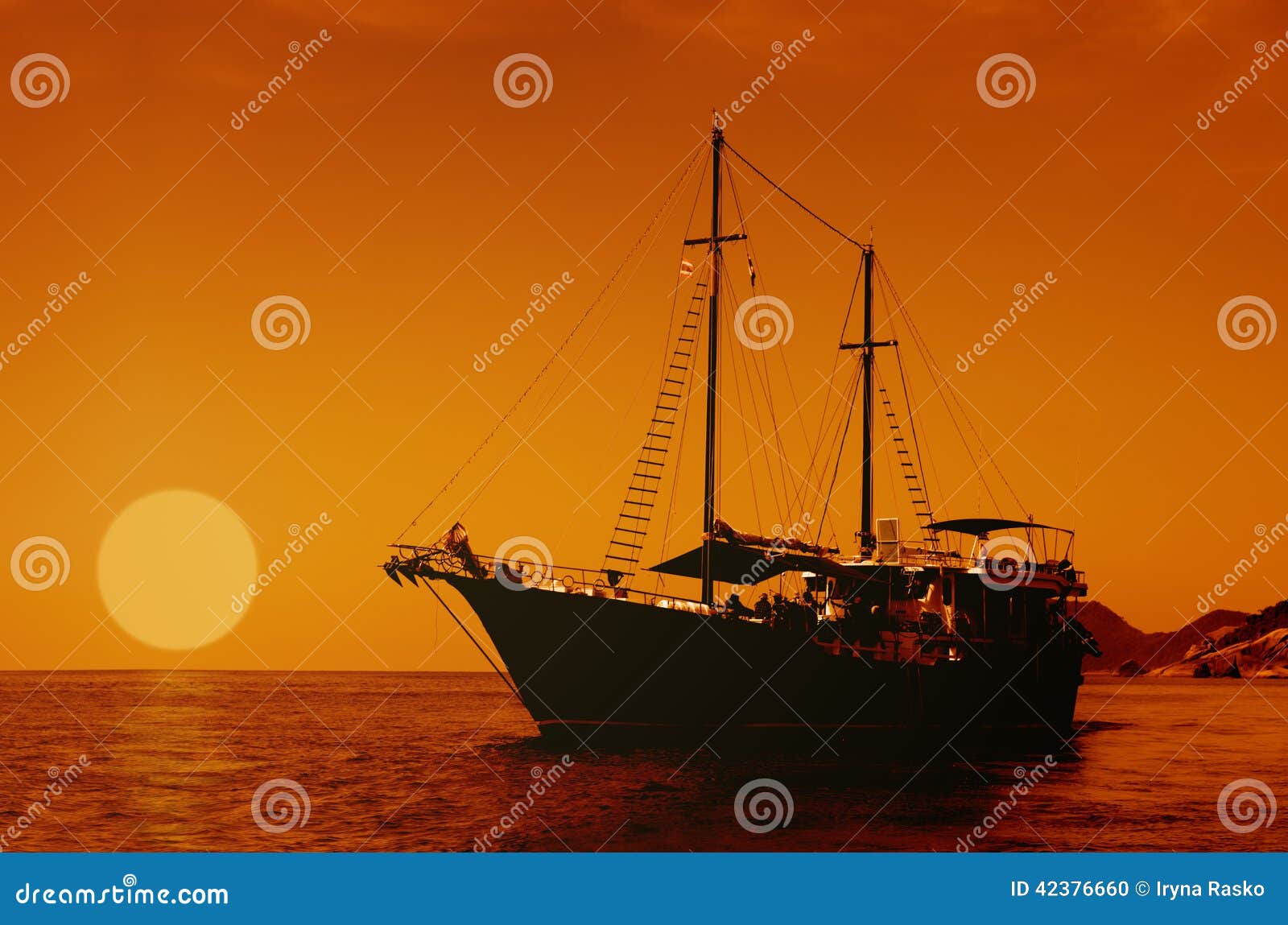 Sailing Ship on the Sea at Sunset Skyline. Stock Photo - Image of water ...