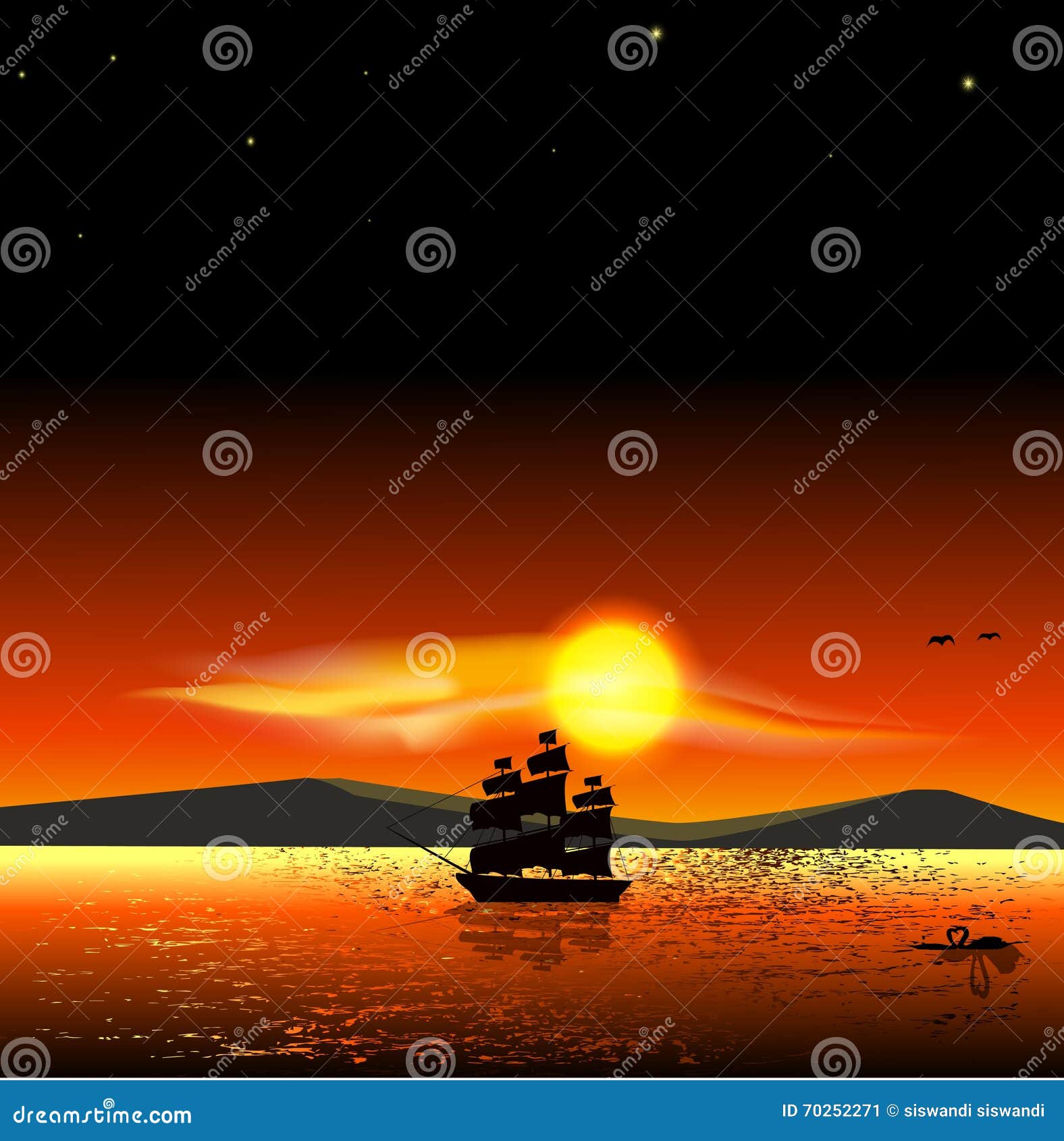 Sailing Ship on the Sea at Sunset Skyline Stock Illustration ...
