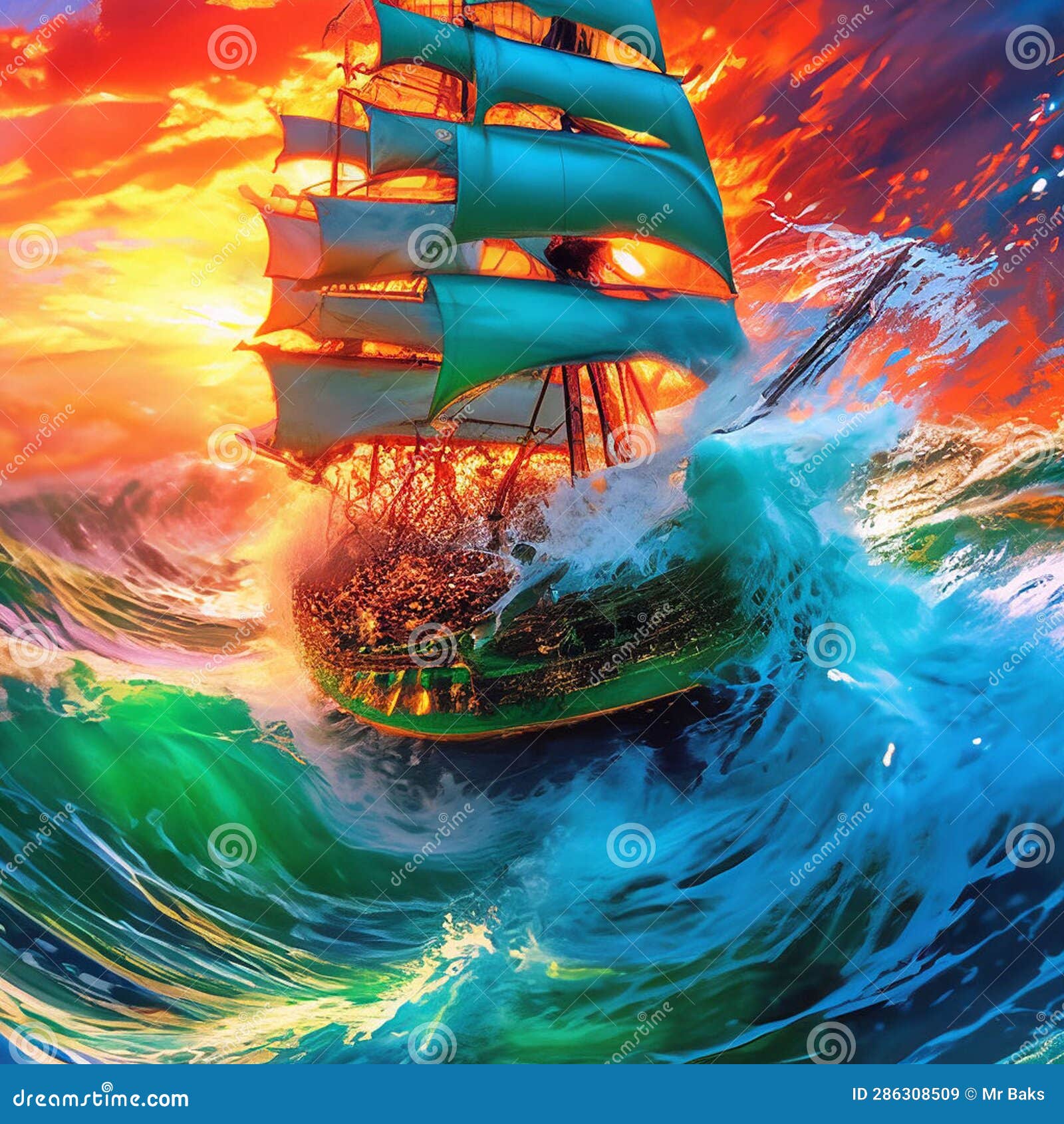 Sailing Ship in the Sea with Waves. Stock Illustration - Illustration ...