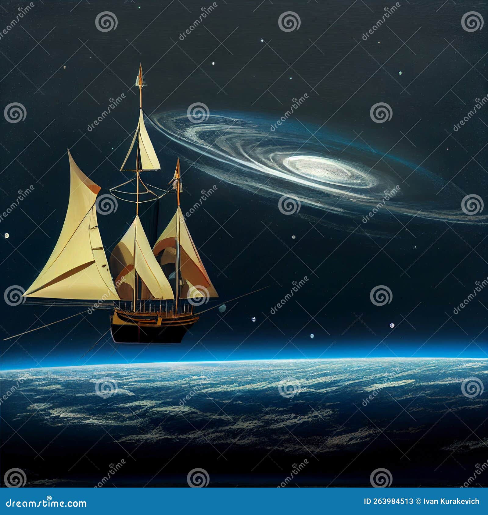 Sailing Ship in the Starry Sky Stock Illustration - Illustration of ...
