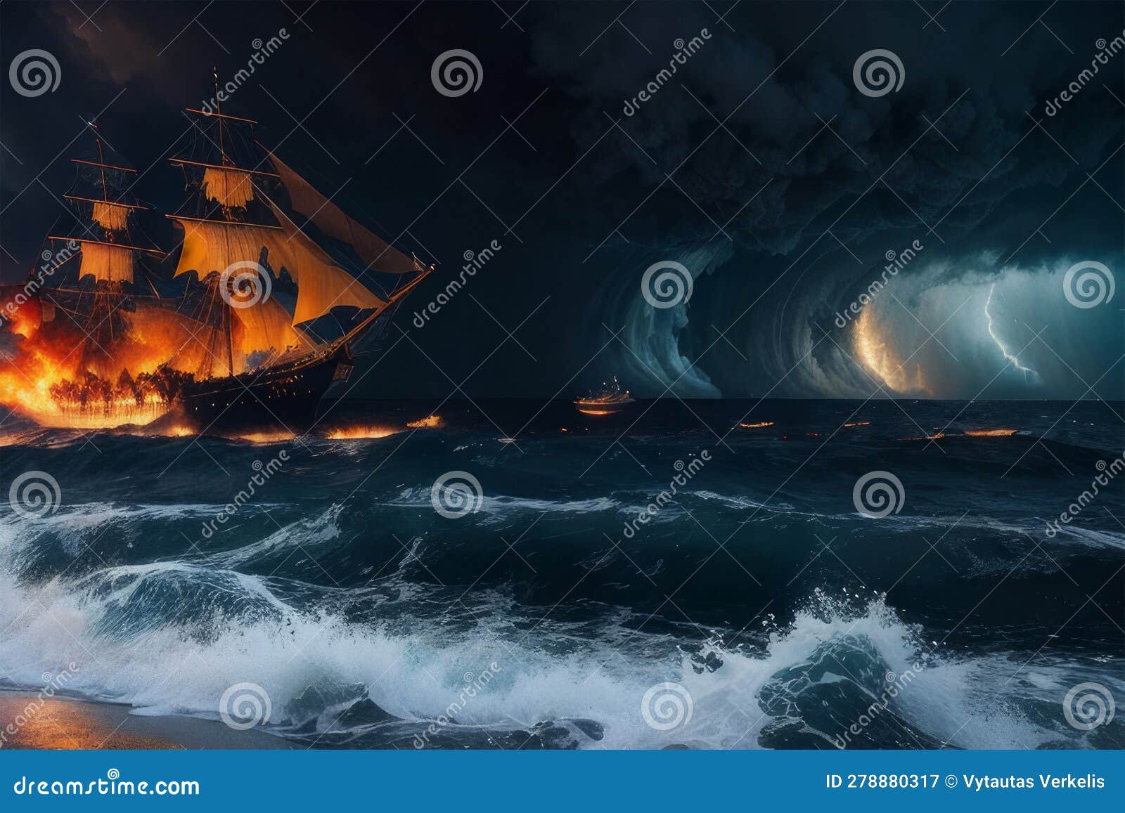 Sailing Ship in Stormy Ocean. Dramatic Seascape Stock Illustration ...