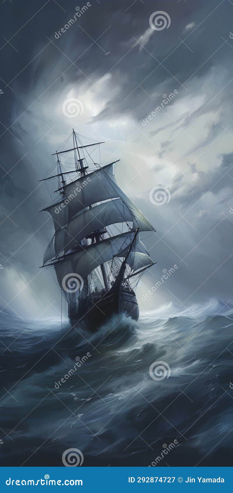 Sailing Ship in Stormy Sea, 3d Render Illustration. Stock Illustration ...