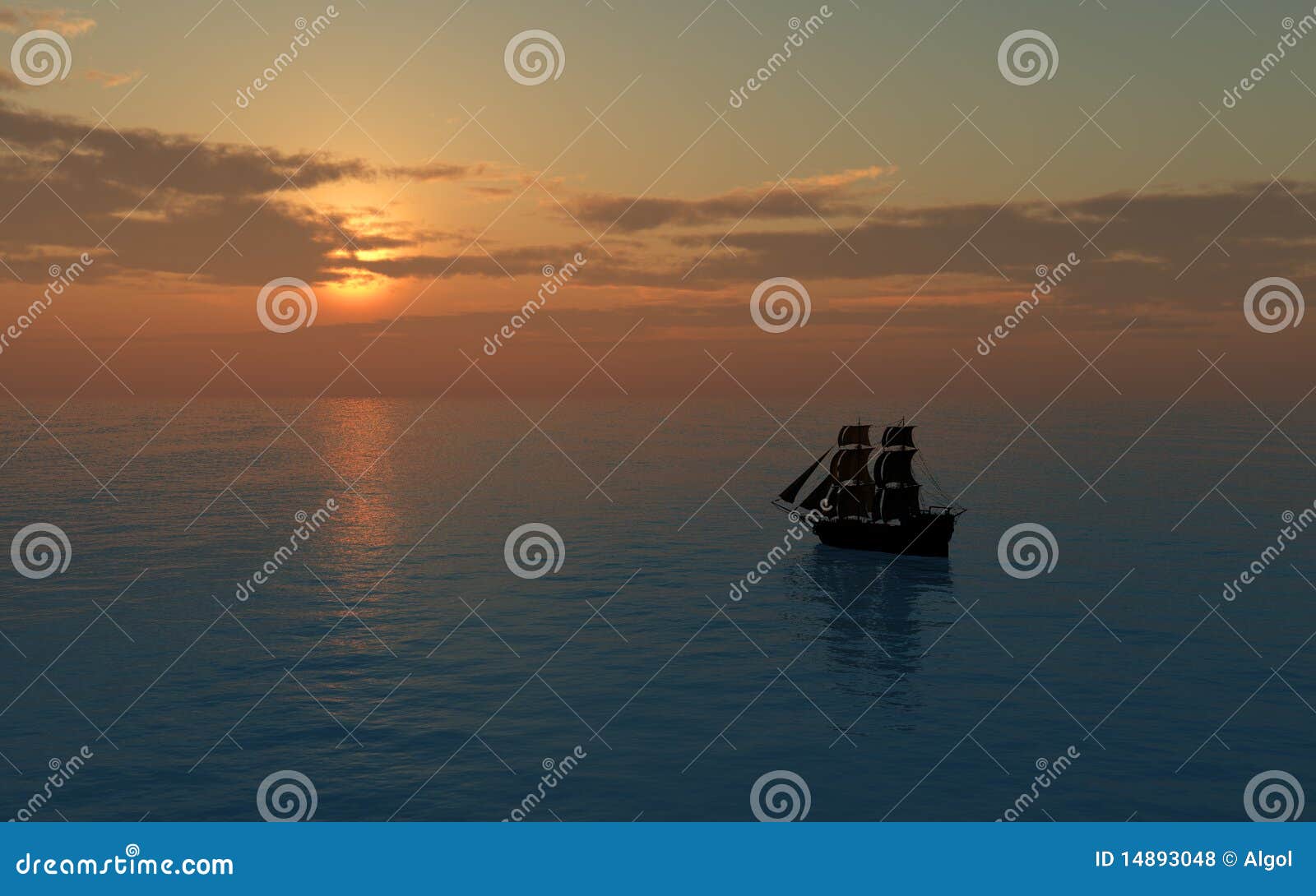 Sailing Ship at Sunset stock illustration. Illustration of water - 14893048
