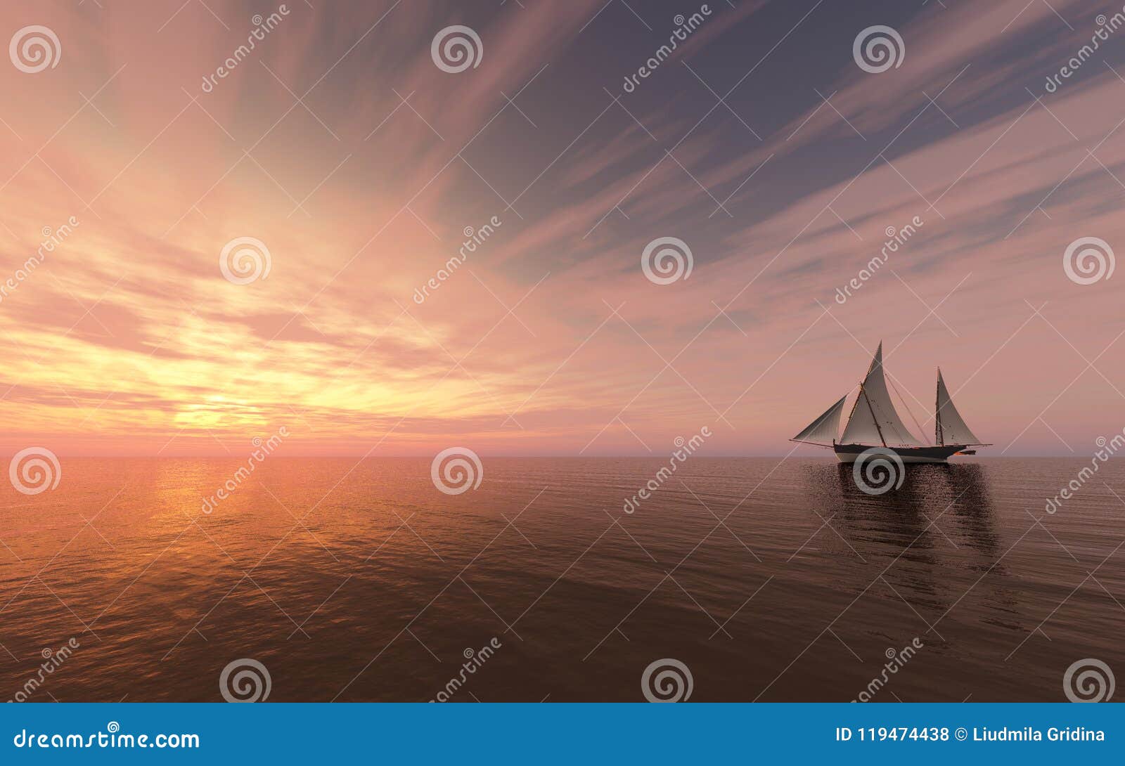 Sailing ship at sunset stock photo. Image of dusk, boat - 119474438