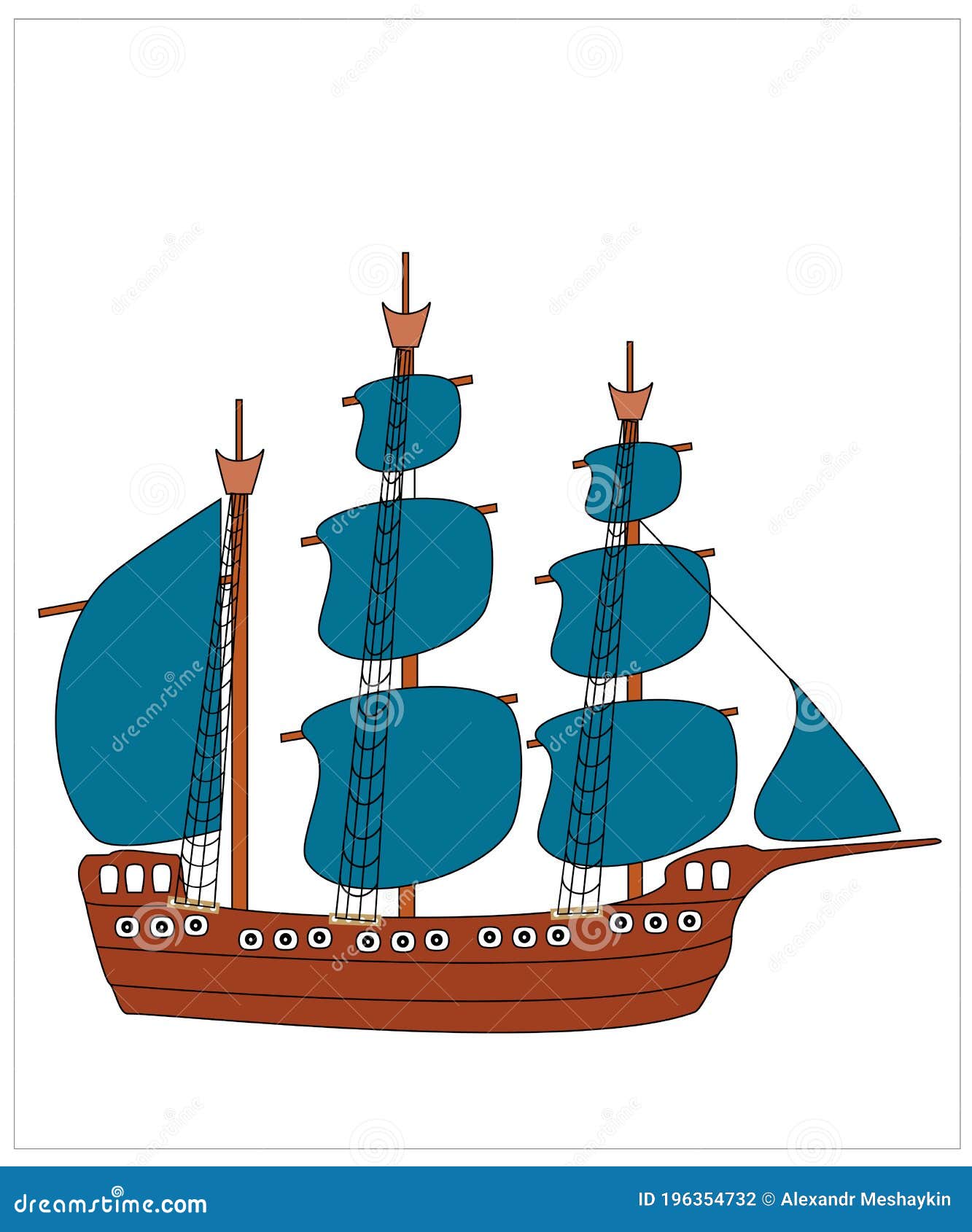 Sailing Ship with Three Masts Stock Vector - Illustration of wooden ...