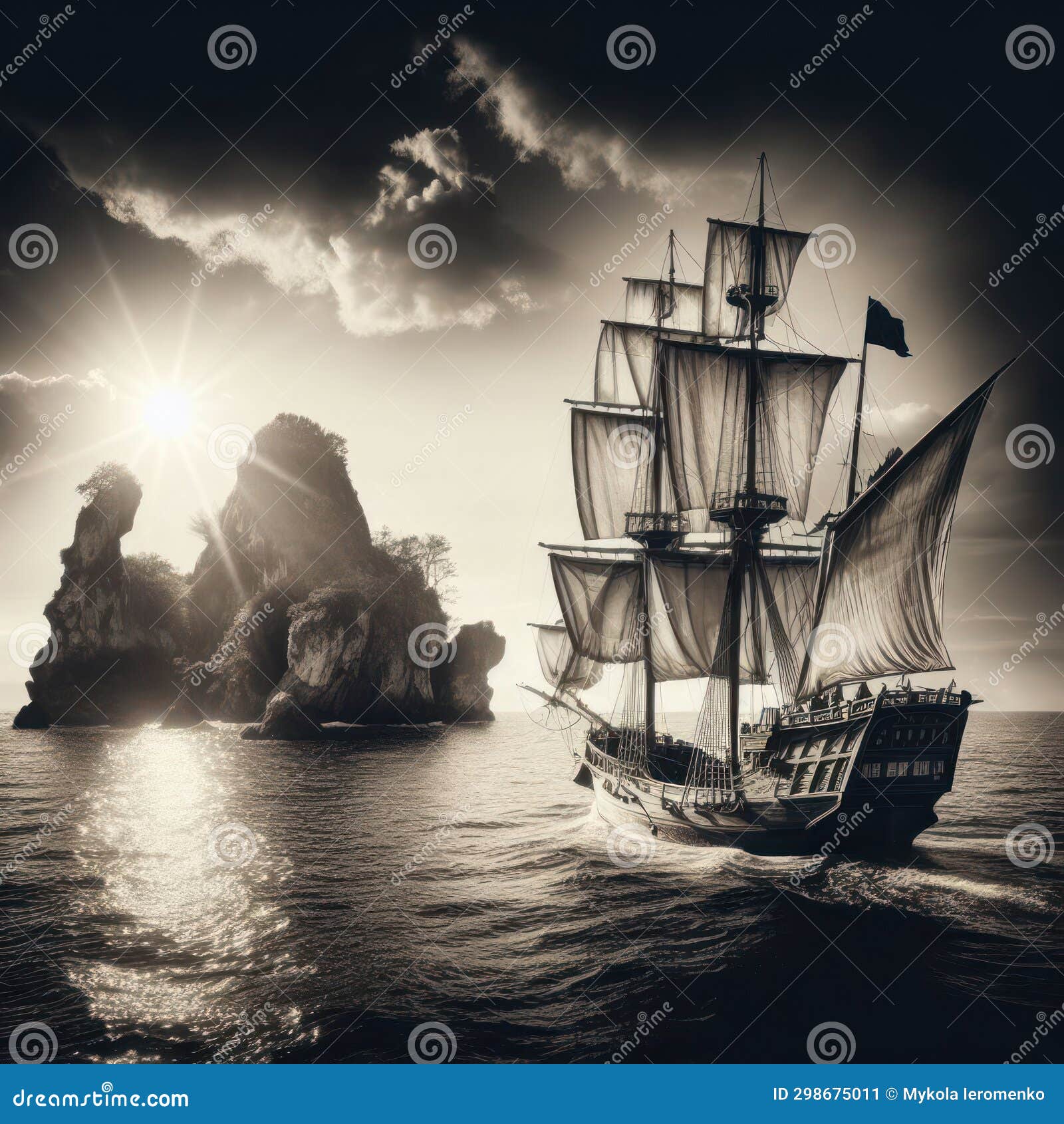 A Sailing Ship Sailing Towards the Sun. Stock Illustration ...