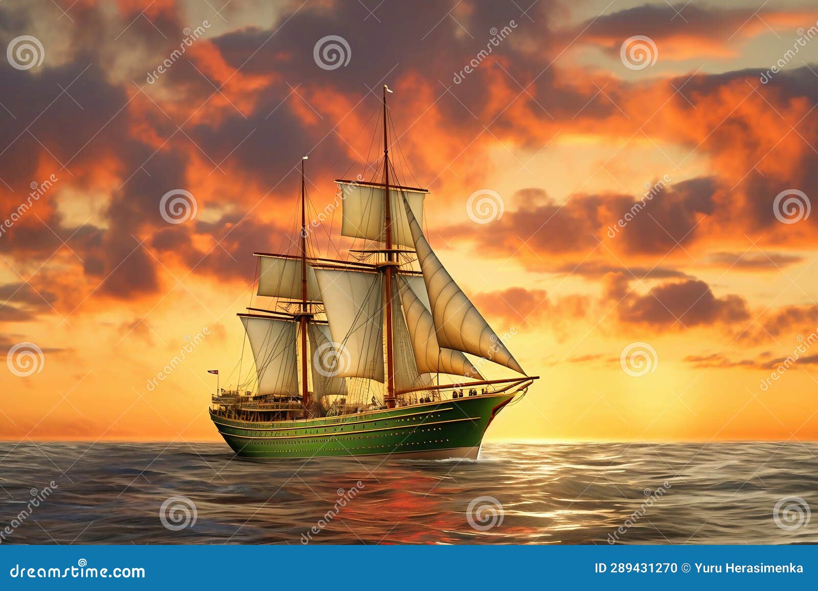 Sailing Ship Under Sail at Sunset on the High Seas Stock Illustration ...