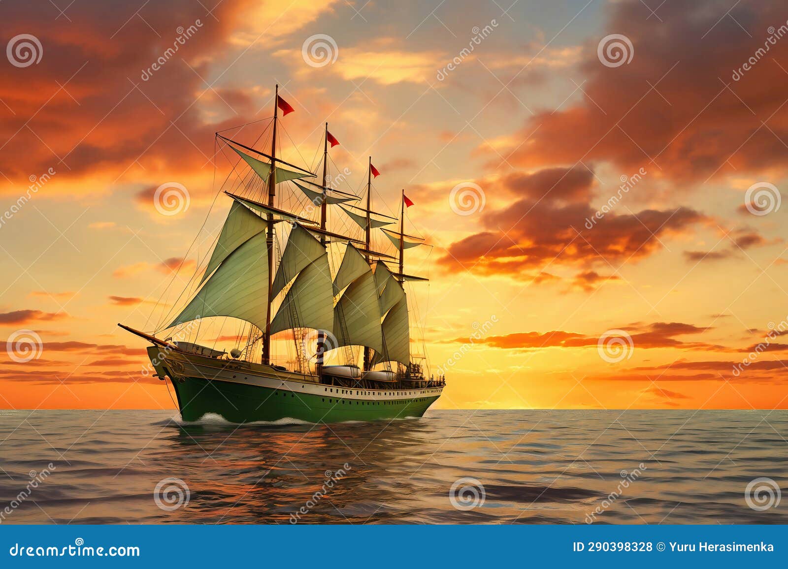 Sailing Ship Under Sail at Sunset on the High Seas Stock Illustration ...