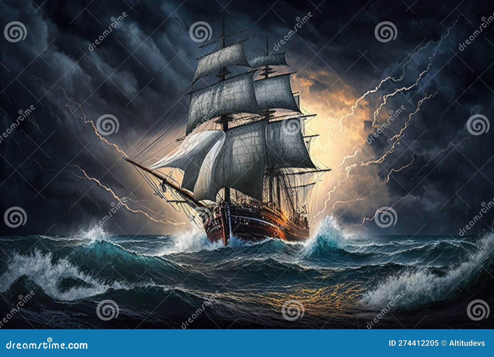 Sailing Ship on Waves Against Backdrop of Lightning Sailing in a Storm ...