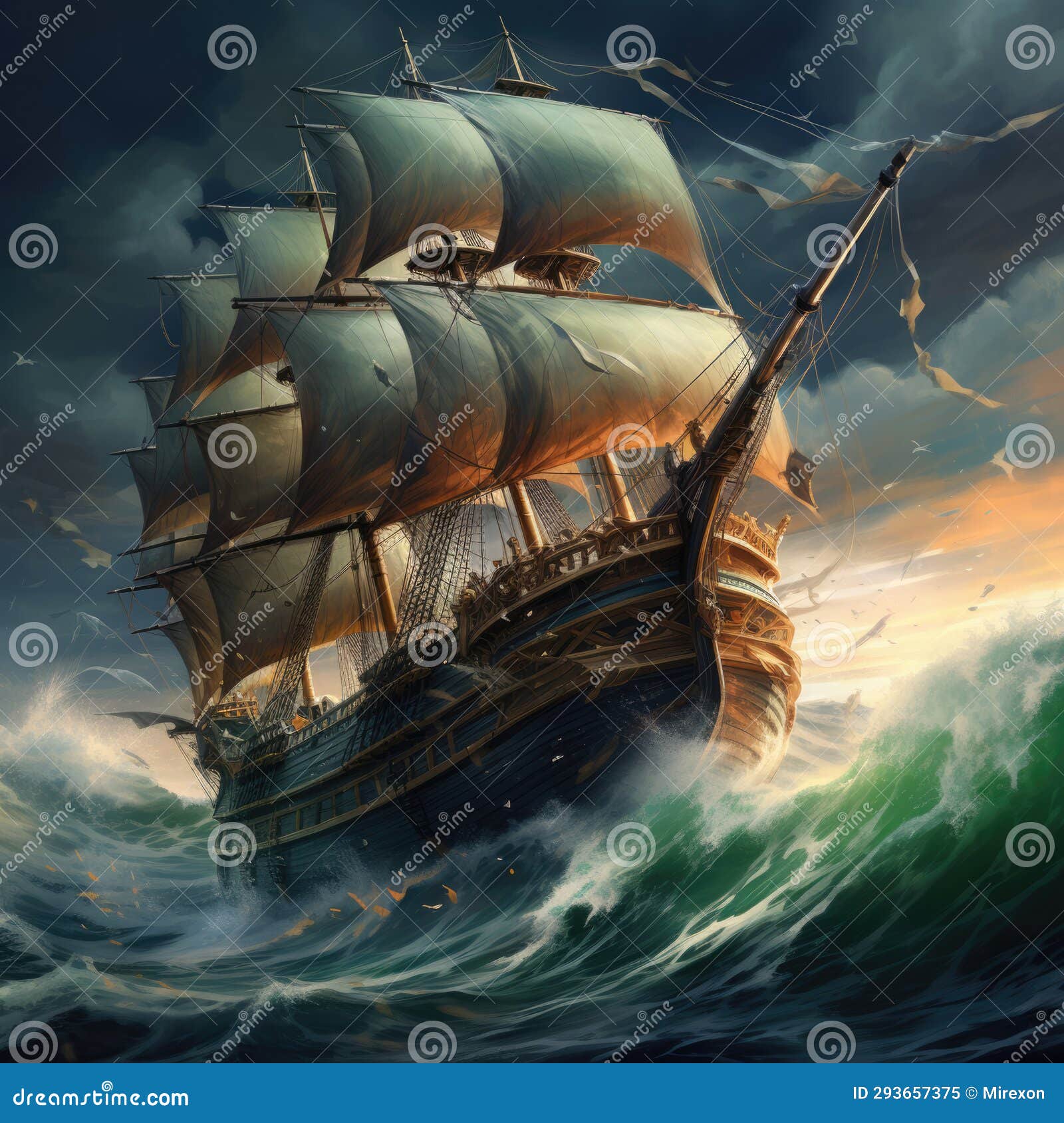 Sailing Ship on the Waves. Fantasy Night Seascape Stock Illustration ...