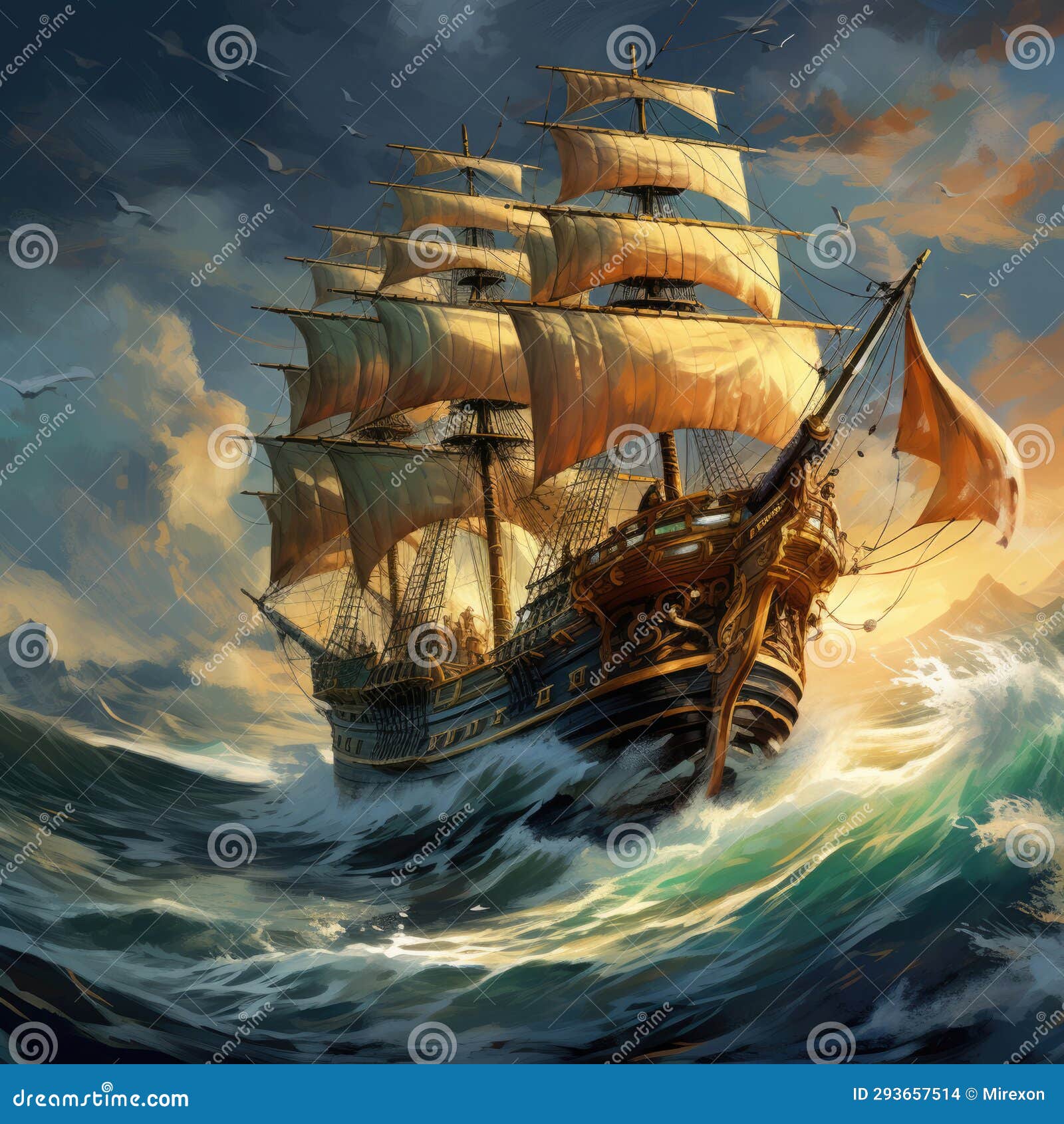 Sailing Ship on the Waves. Fantasy Night Seascape Stock Illustration ...