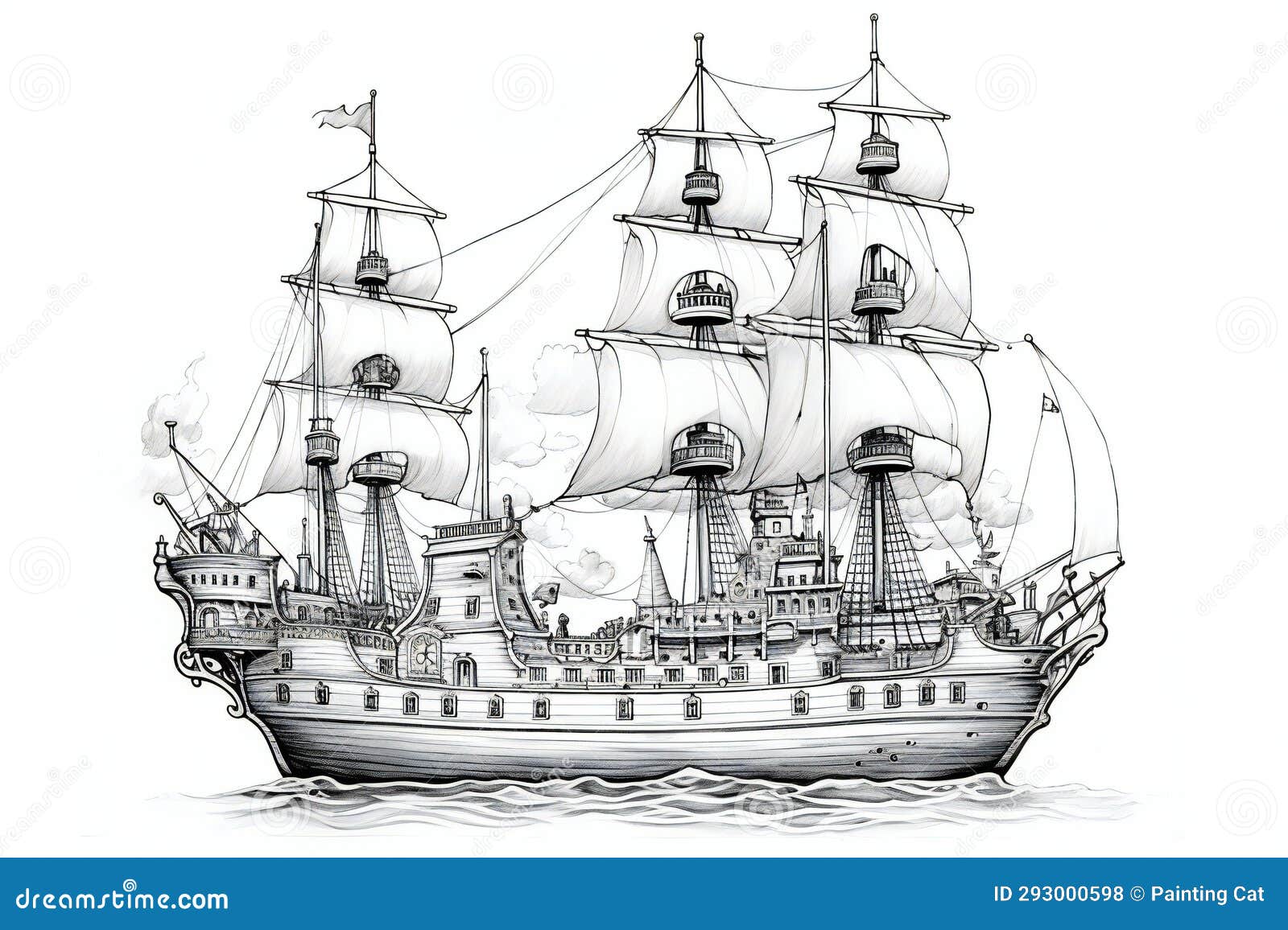 Sailing Ship on a White Background, Hand-drawn Illustration Stock Photo ...