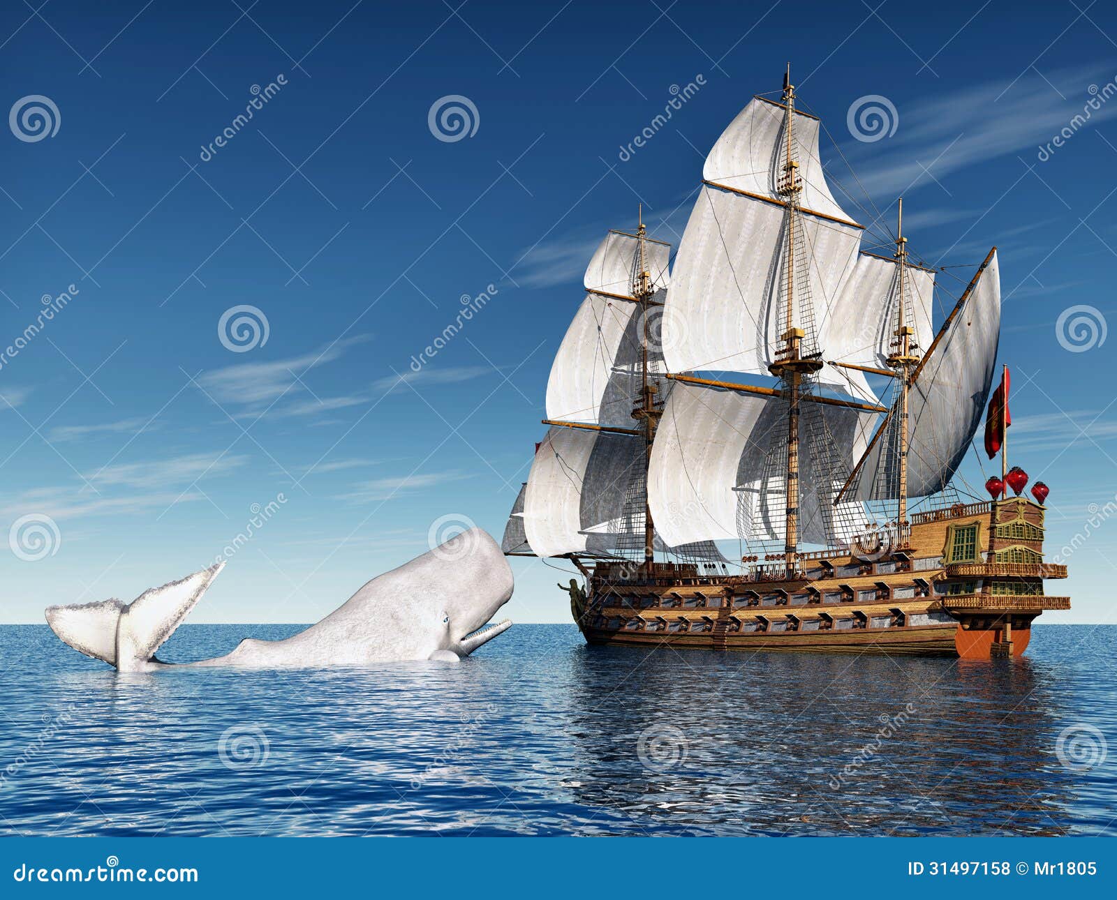 Sailing Ship with White Whale Stock Illustration - Illustration of ...