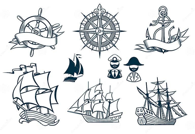 Sailing Ships Emblems Iconset Stock Vector - Illustration of anchor ...