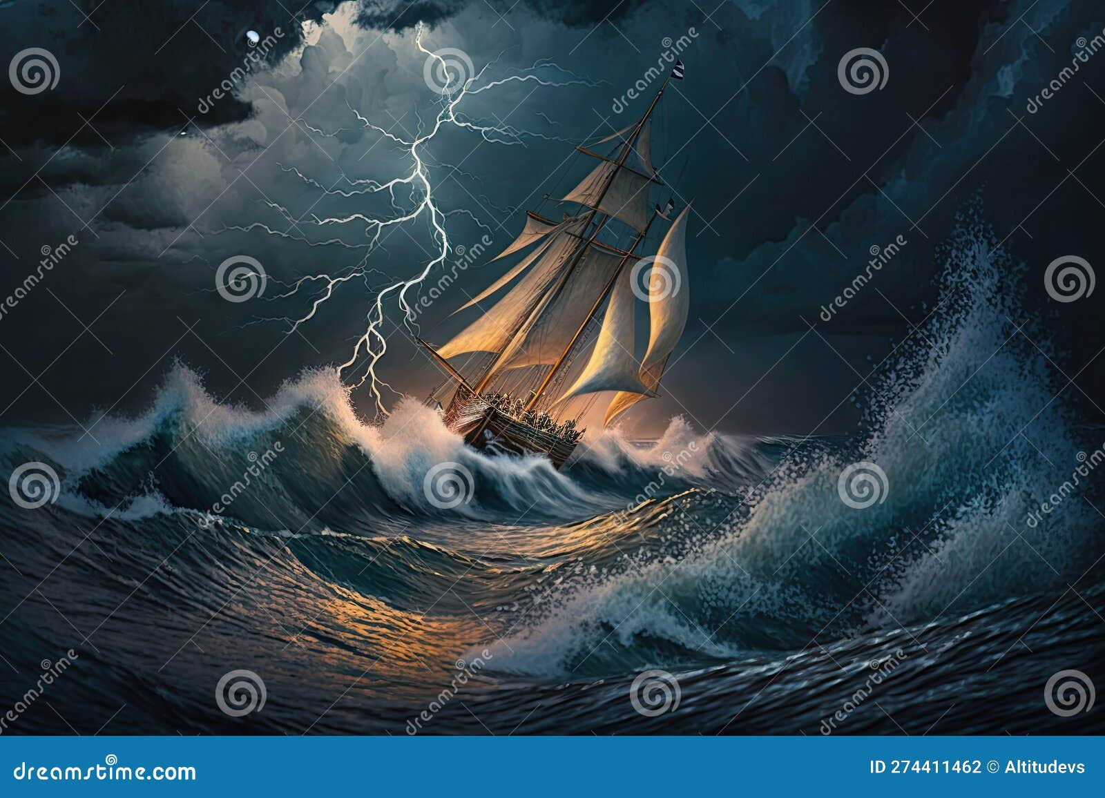 Sailing in a Storm Against Backdrop of Lightning and Rising Waves Stock ...