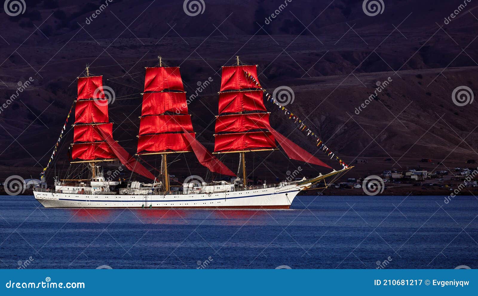 Sailing Three-masted Frigate with Red Sails. Scarlet Sails Stock Image ...