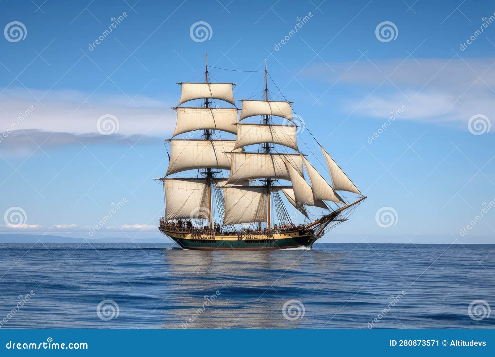 Sailing Vessel in Full Sail, with Billowing Sails and Tranquil Waters ...