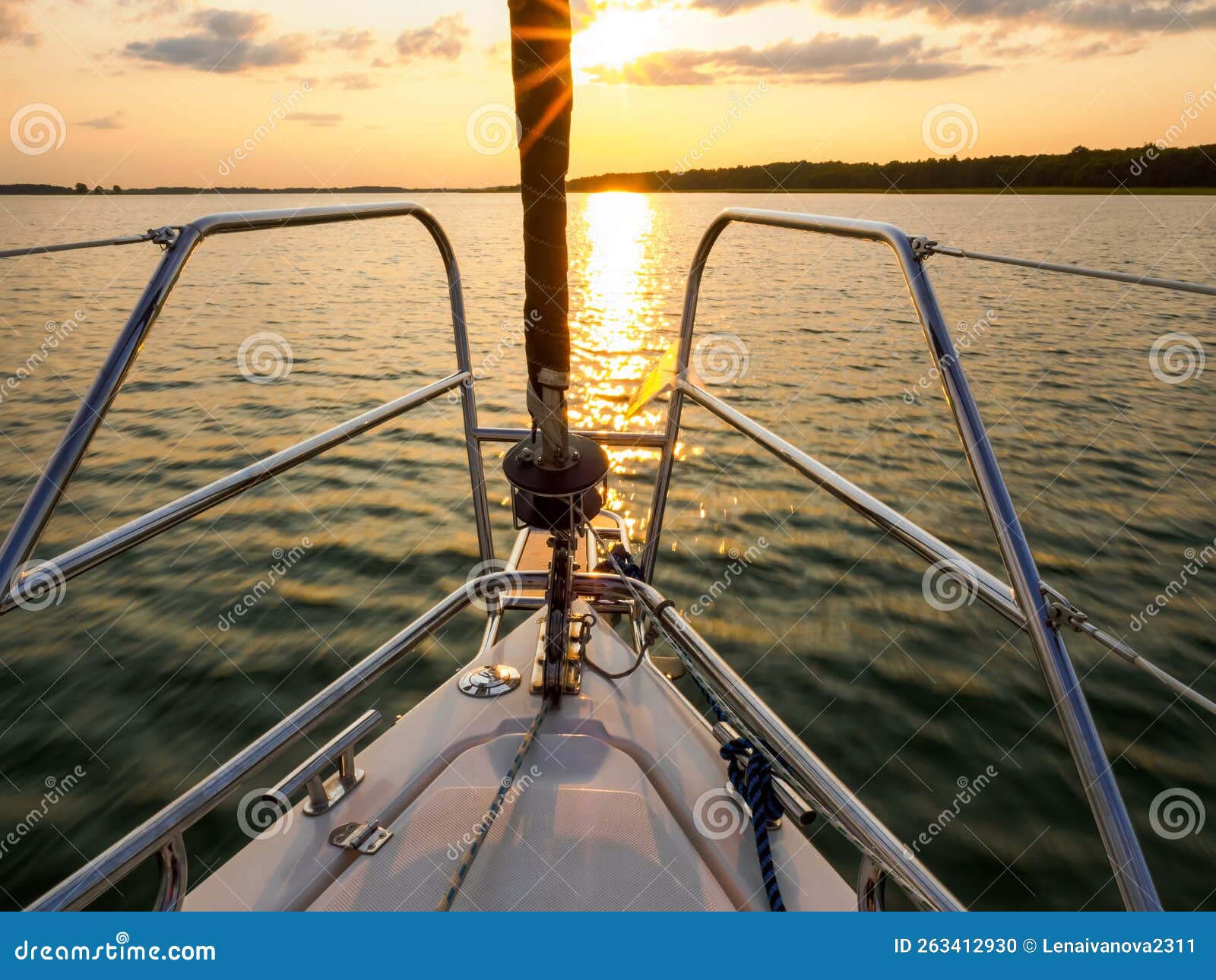 Sailing Yacht Bow in Sunset Light, Sailing on a Lake Stock Photo ...