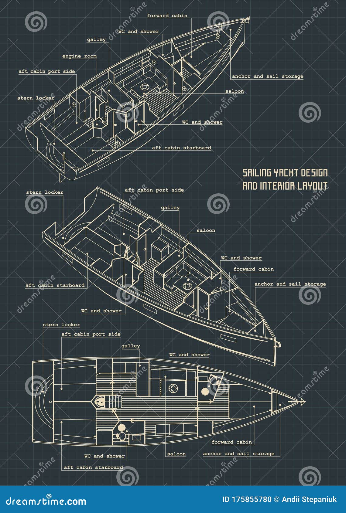 Sailing Yacht Design And Interior Layout Vector Illustration ...