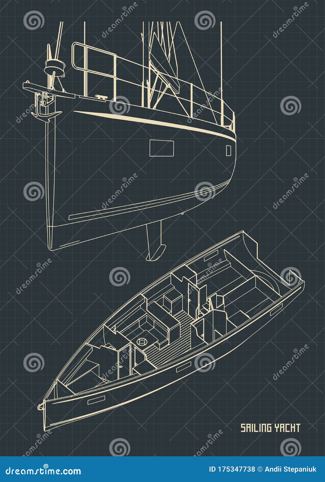 Sailing Yacht and Its Interior Blueprints Stock Vector - Illustration ...