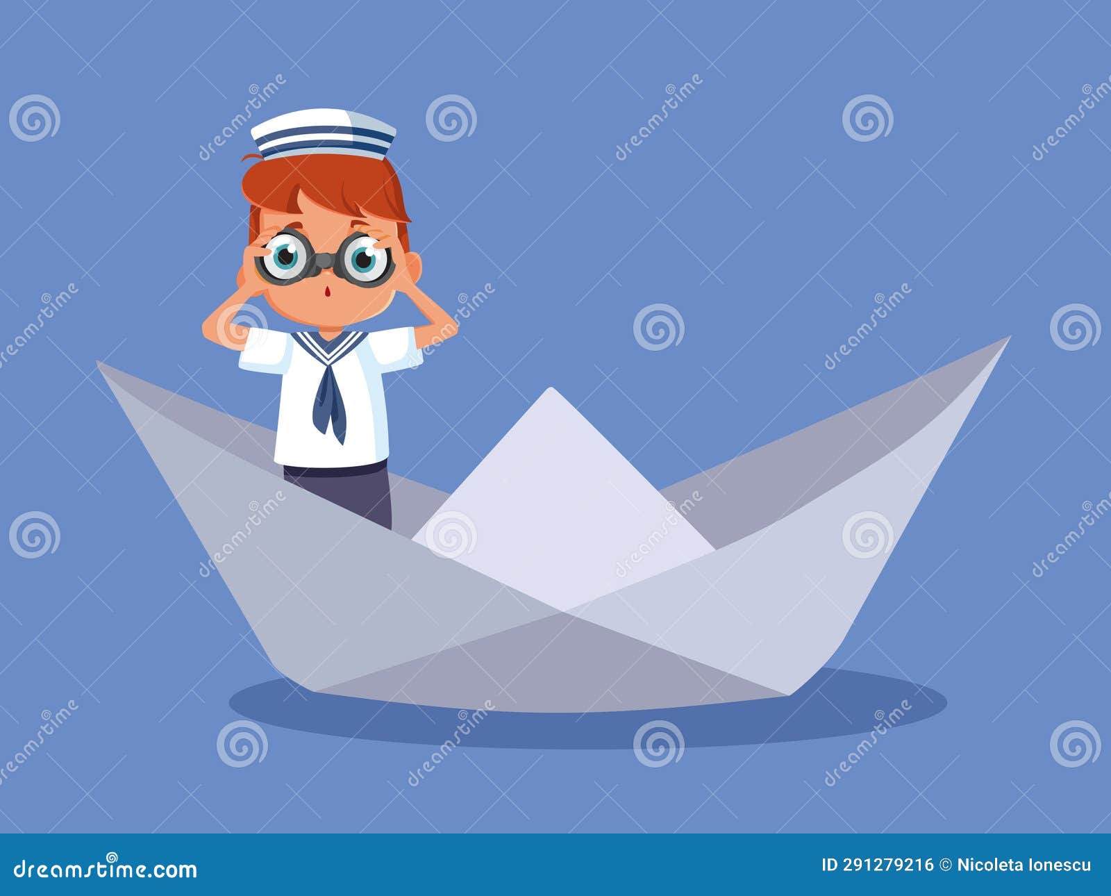 Sailor Boy Using Binoculars Sitting on a Paper Boat Vector Cartoon ...