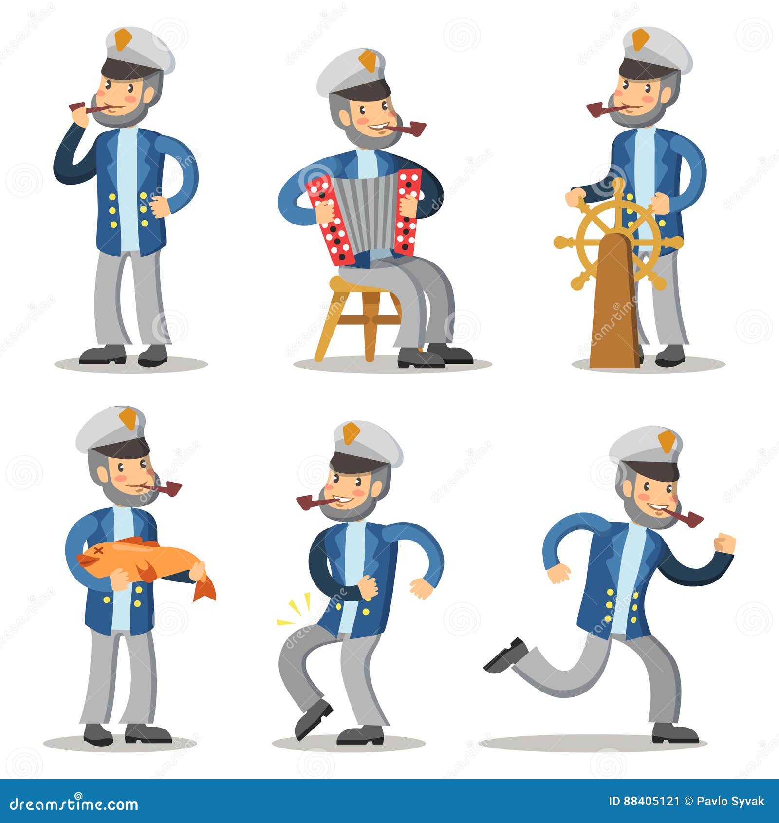 Sailor Cartoon Character Set. Old Captain in Uniform Stock Vector ...