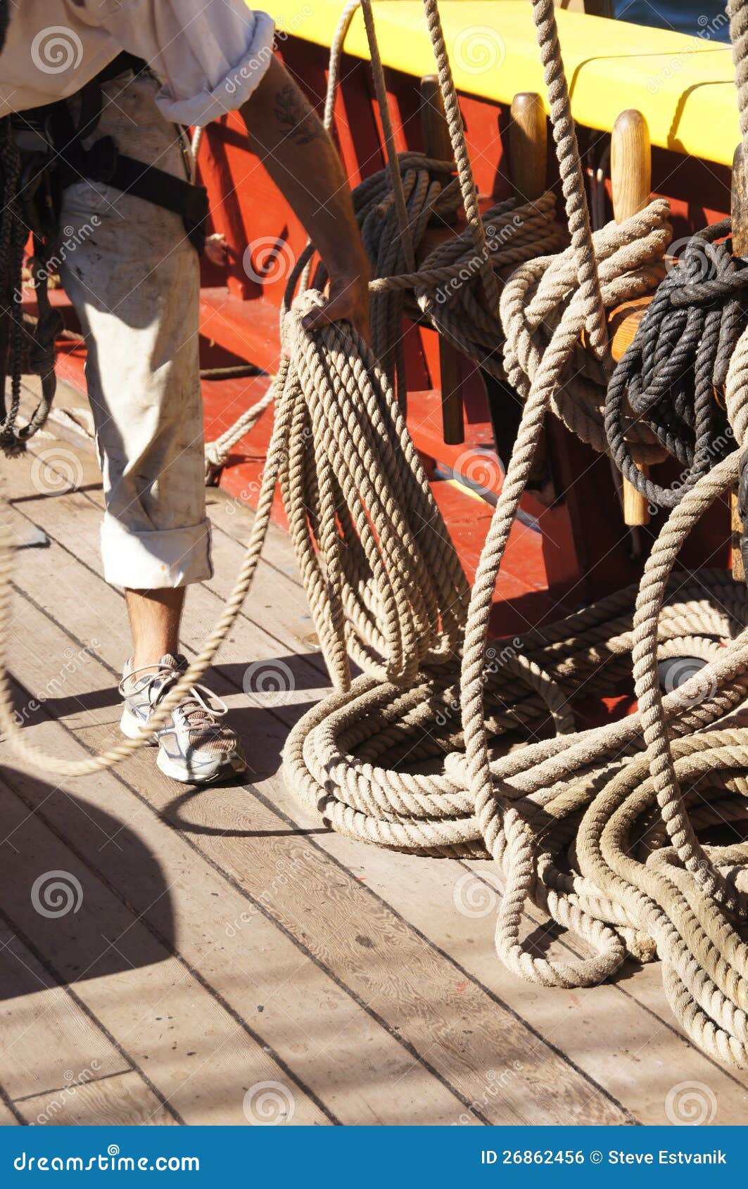 Sailor Coils a Line after Setting Sail Stock Photo - Image of boat ...