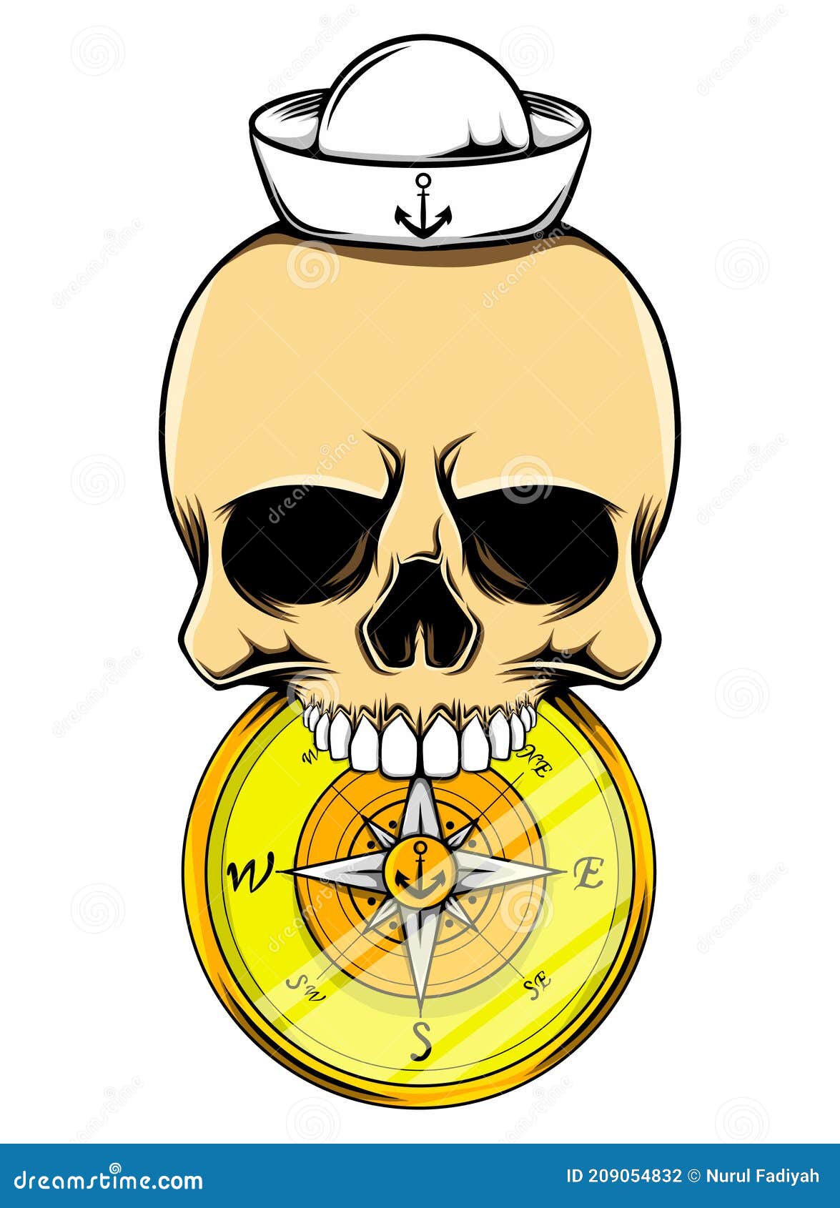 The Skull Head Biting the Compass Stock Vector - Illustration of drawn ...