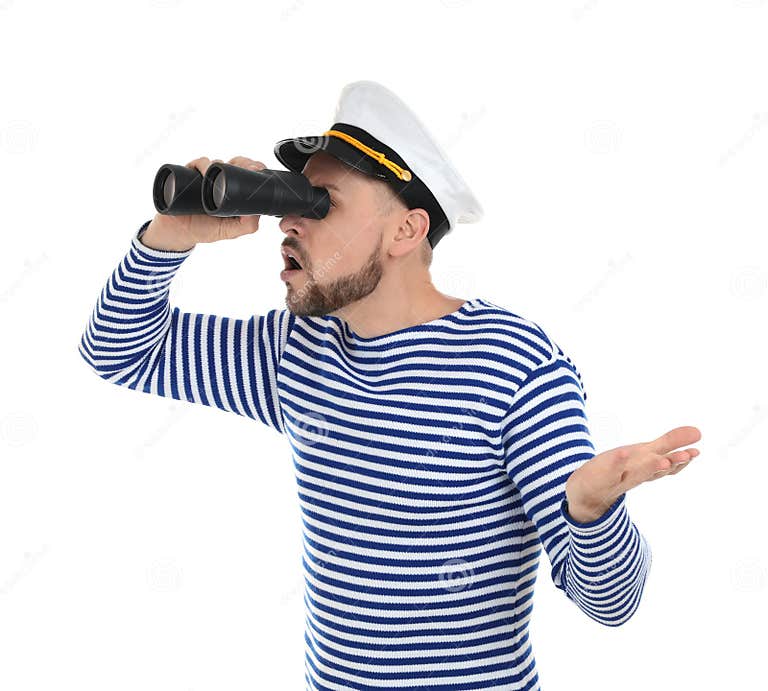 Sailor Looking through Binoculars on White Background Stock Photo ...