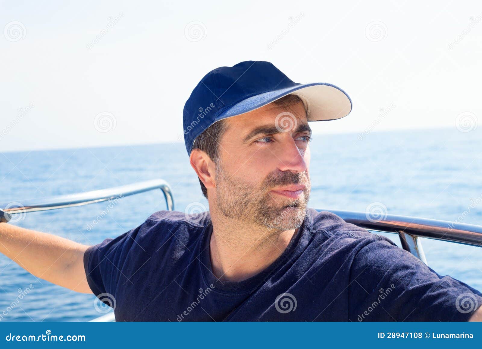 Sailor Man at Boat Bow with Cap Looking Away the Sea Stock Photo ...